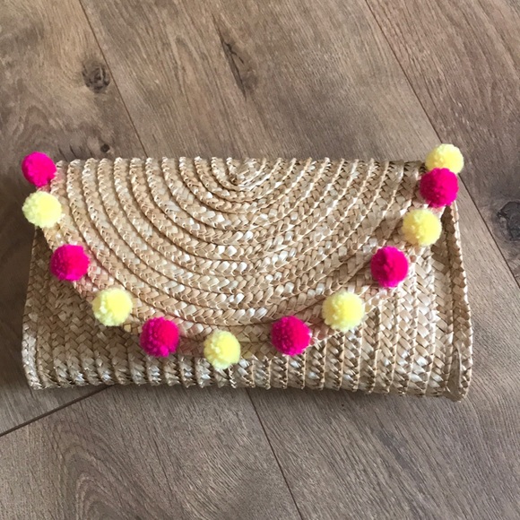 Bags | Amazingly Adorable Straw Clutch With Pom Poms | Poshmark